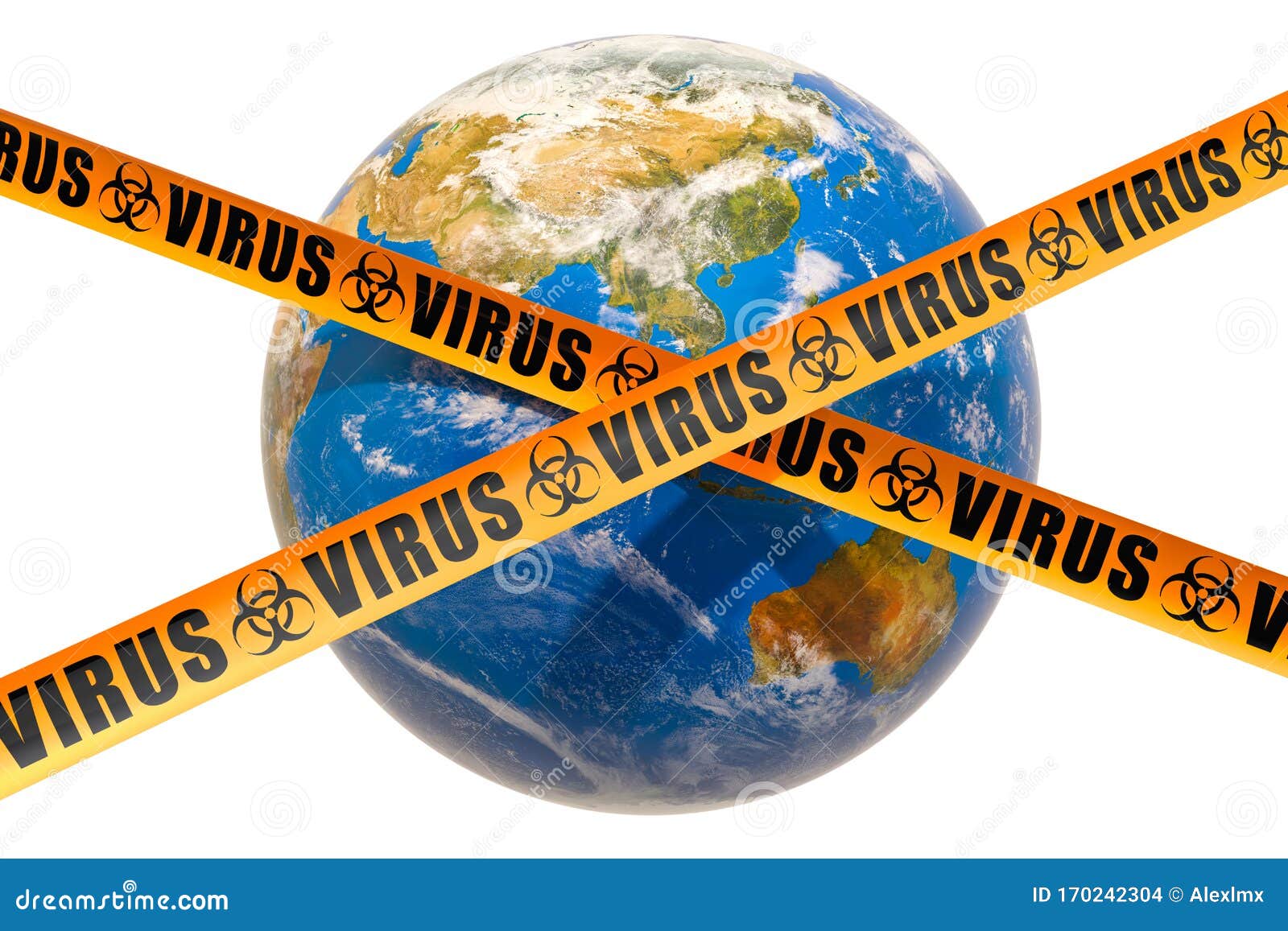 Earth Globe with Viruses and Caution Barrier Tapes, 3D Rendering Stock ...