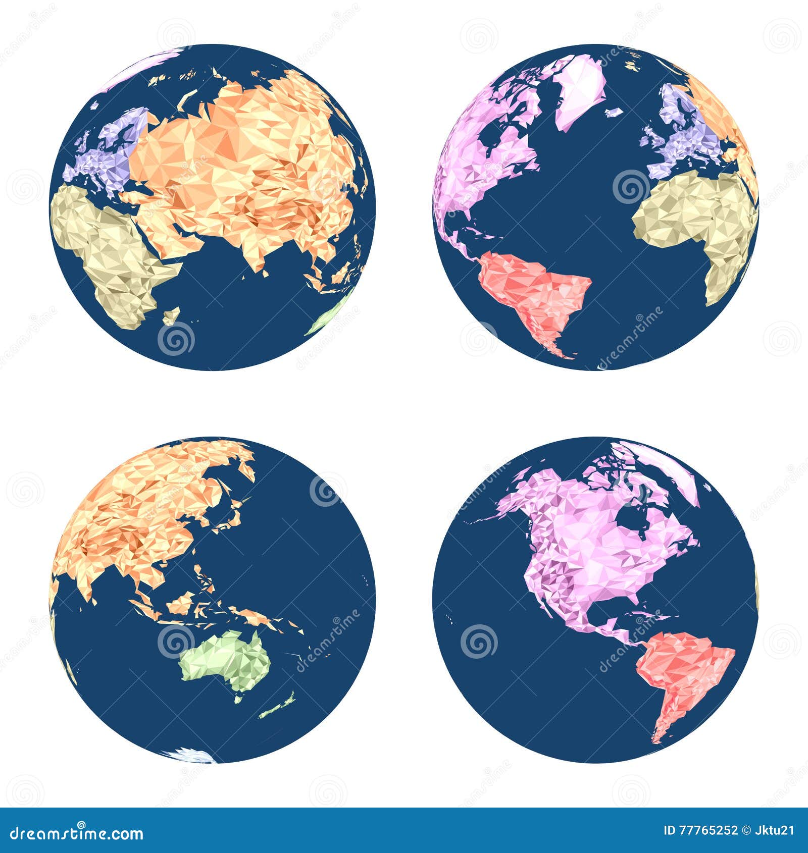 Earth Globes in Polygonal Style Colored by Continents in Different ...
