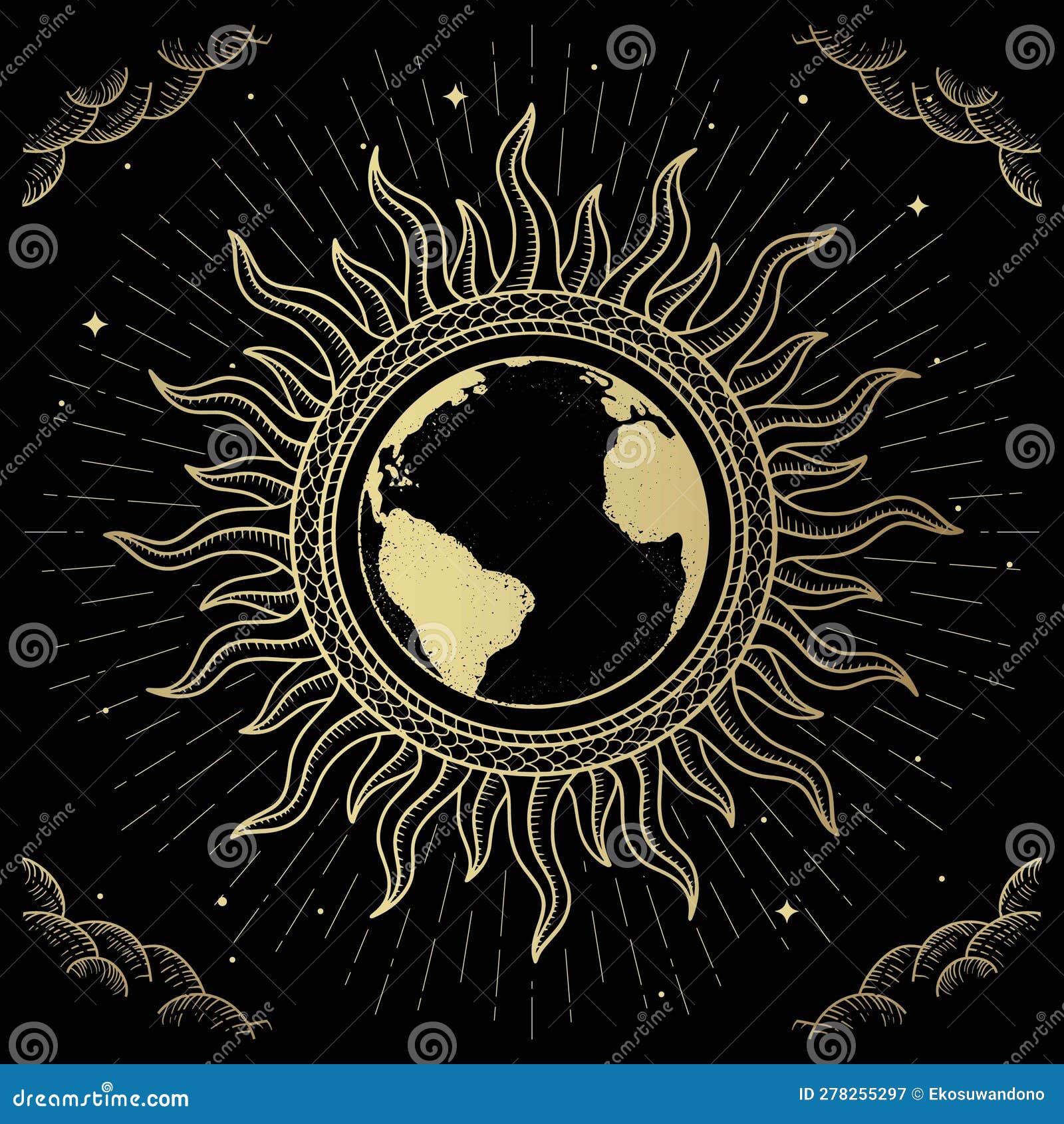Earth Golden Hand Drawn with Shining Sun Stock Vector - Illustration of ...