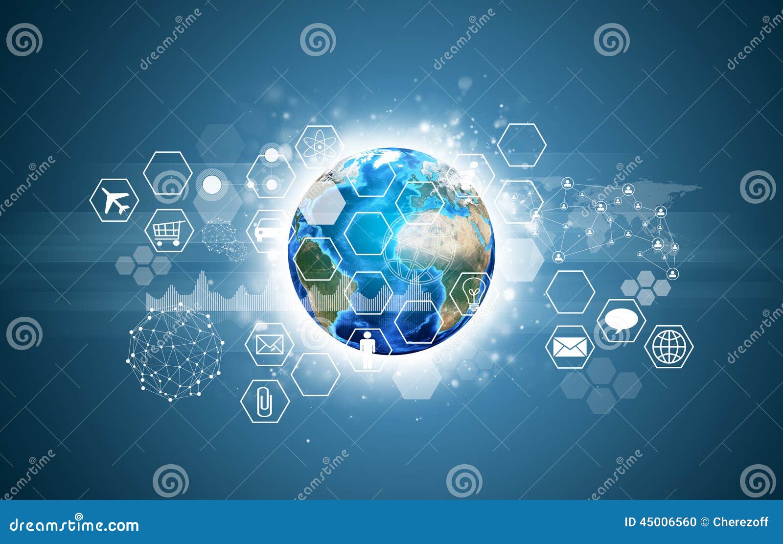 Earth with Graphs, Hexagons, Icons and Network Stock Illustration ...