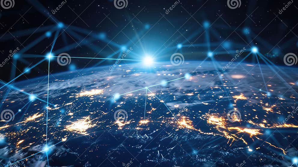 Earth Illuminated by Interconnected Network Lines in Space Stock ...