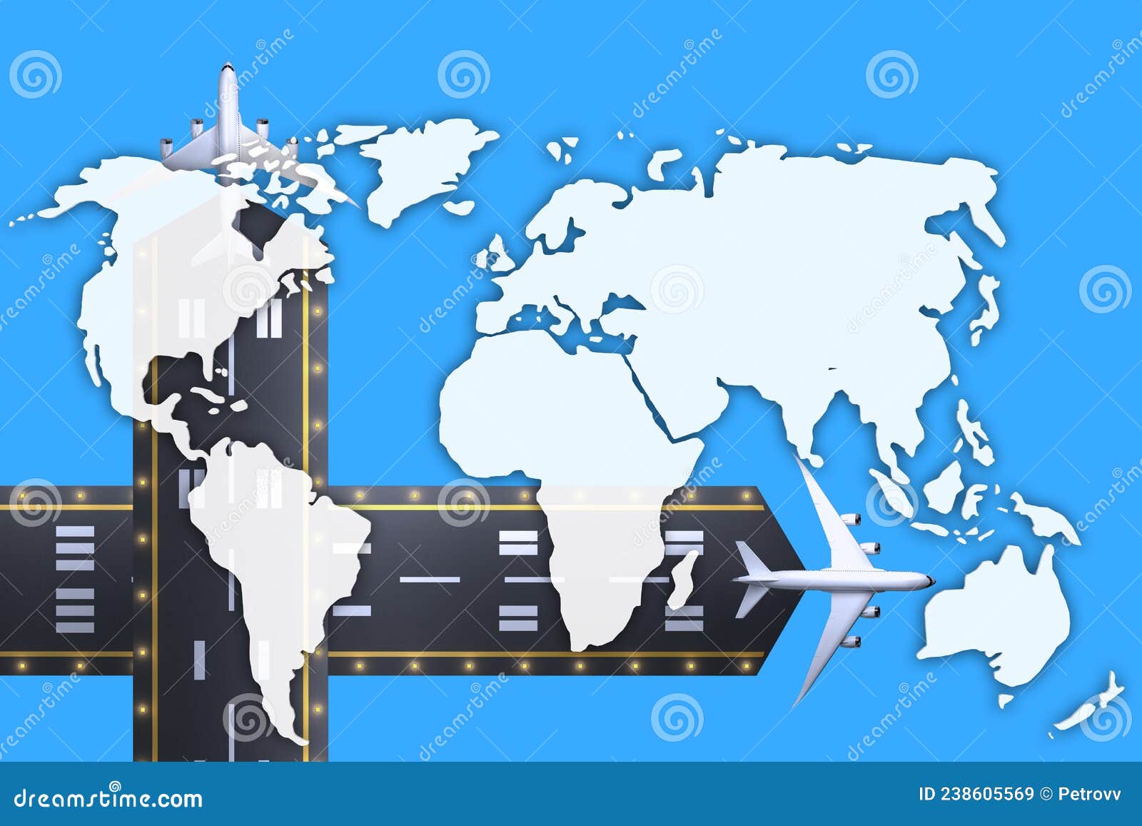Earth Map Mockup on Two Runways with Passenger Aircraft Top View Stock ...