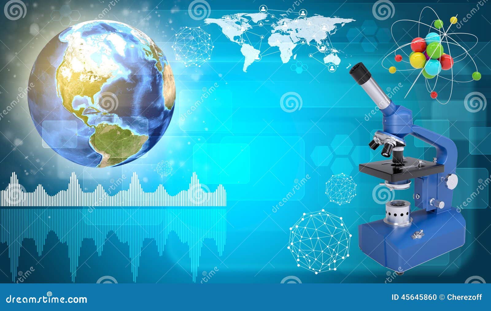 Earth, Microscope and Model of Molecule. Science Stock Illustration ...