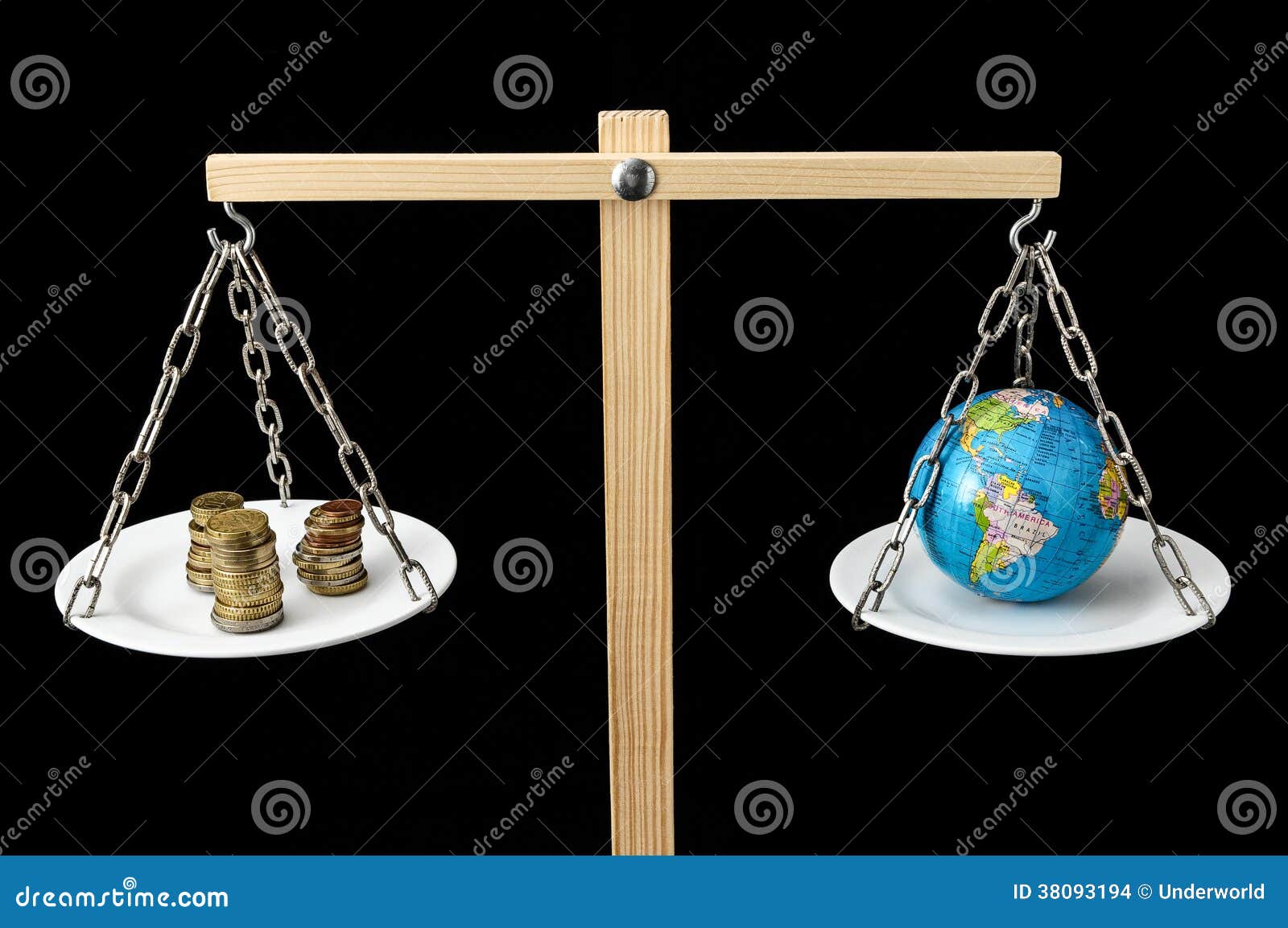 Earth and Money on a Two Pan Balance Stock Photo - Image of product ...