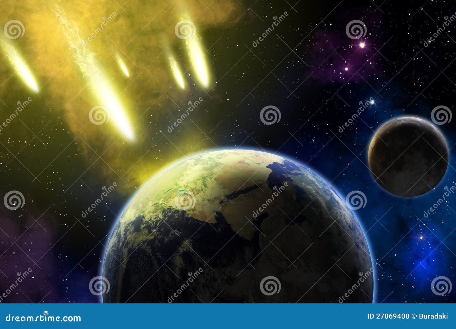 Earth, Moon and Asteroids. Armageddon. Stock Illustration ...
