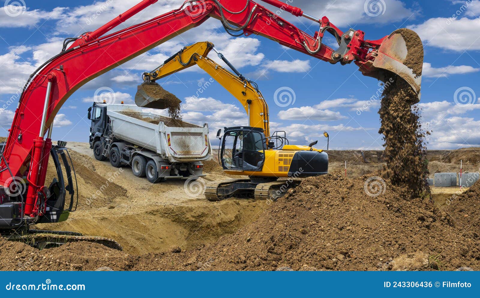 Earth Mover and Excavator at Work in Construction Site Stock Photo ...