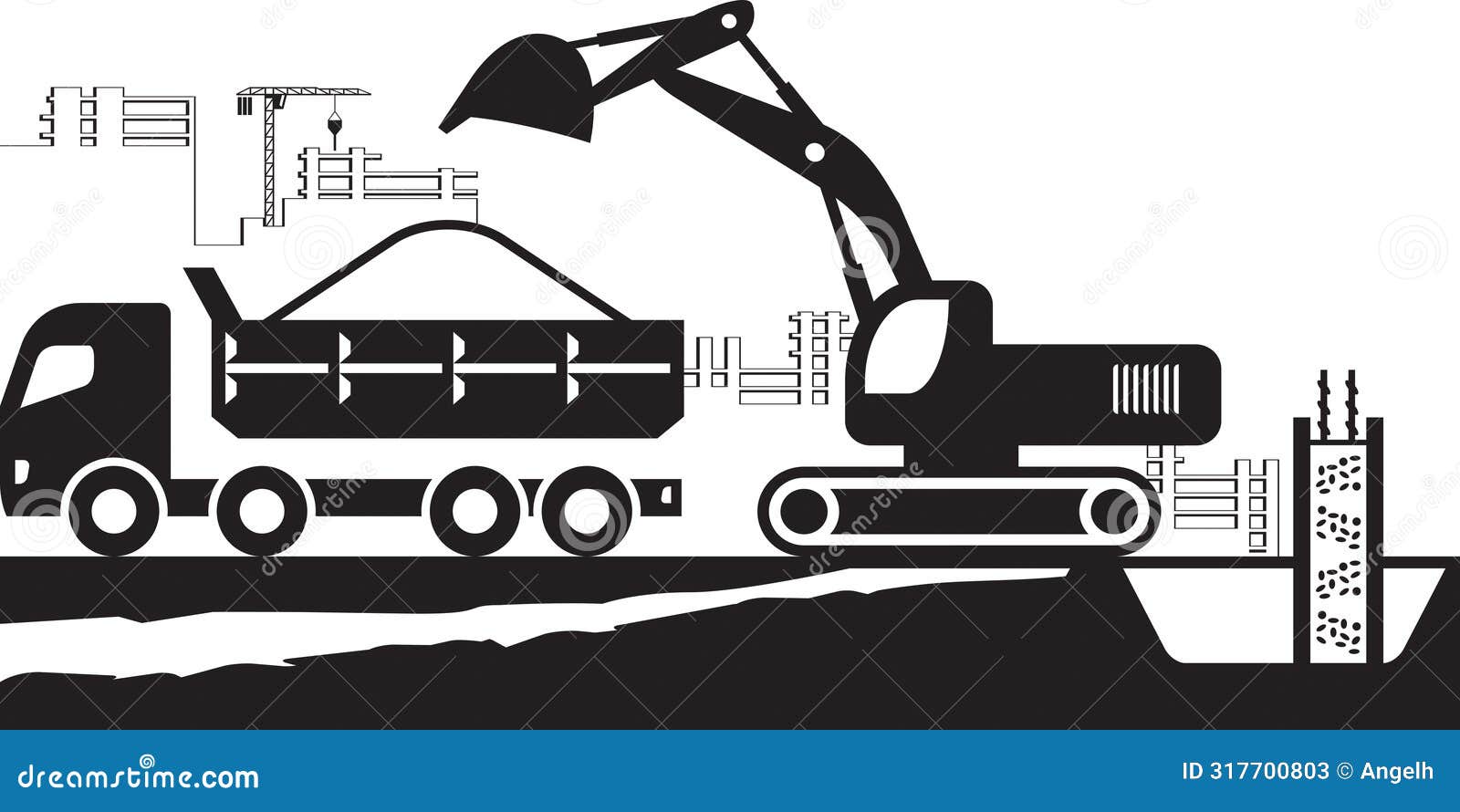 Earth Mover Loading Dump Truck on Construction Site Stock Vector ...