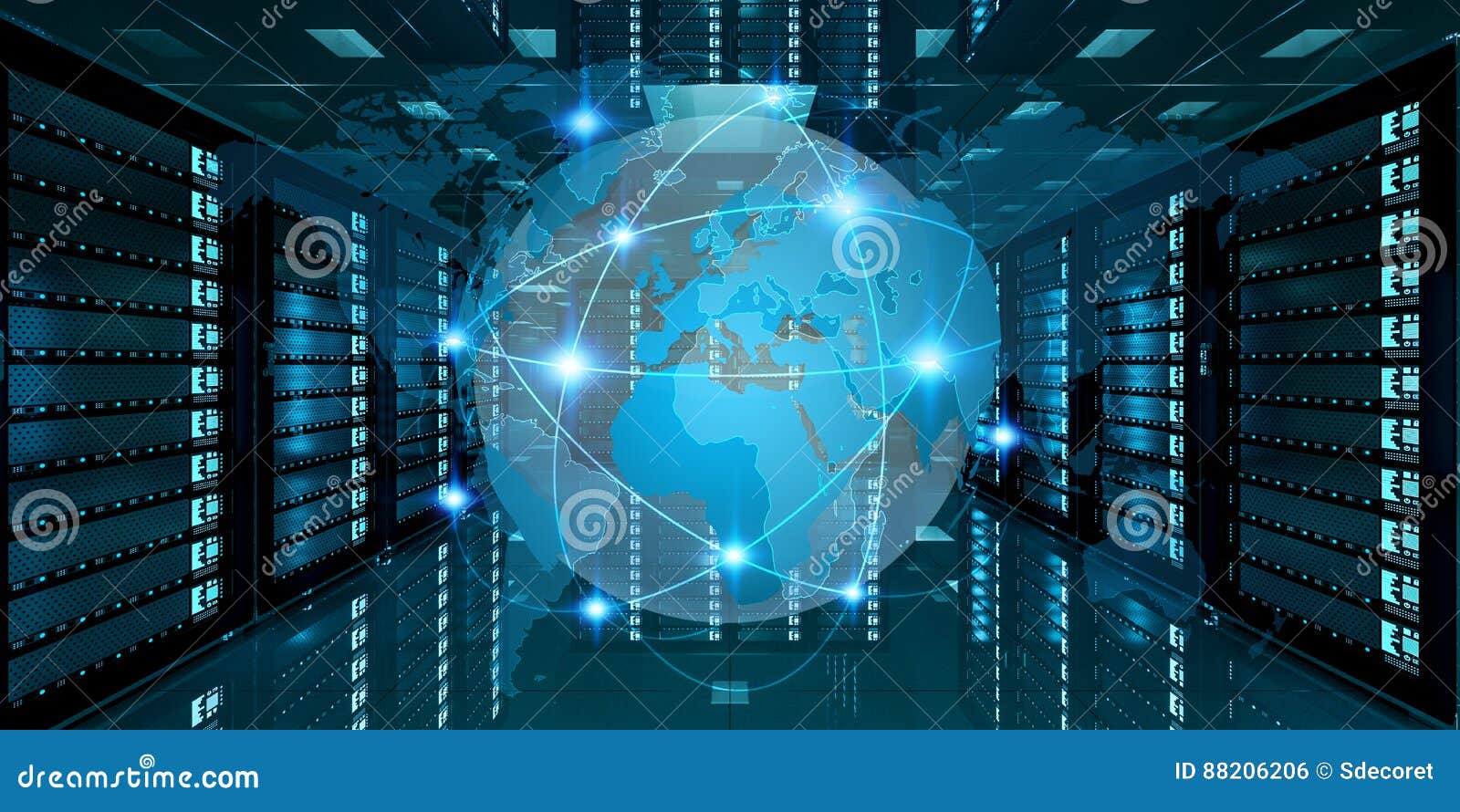 Earth Network Flying Over Server Room Data Center 3D Rendering Stock ...