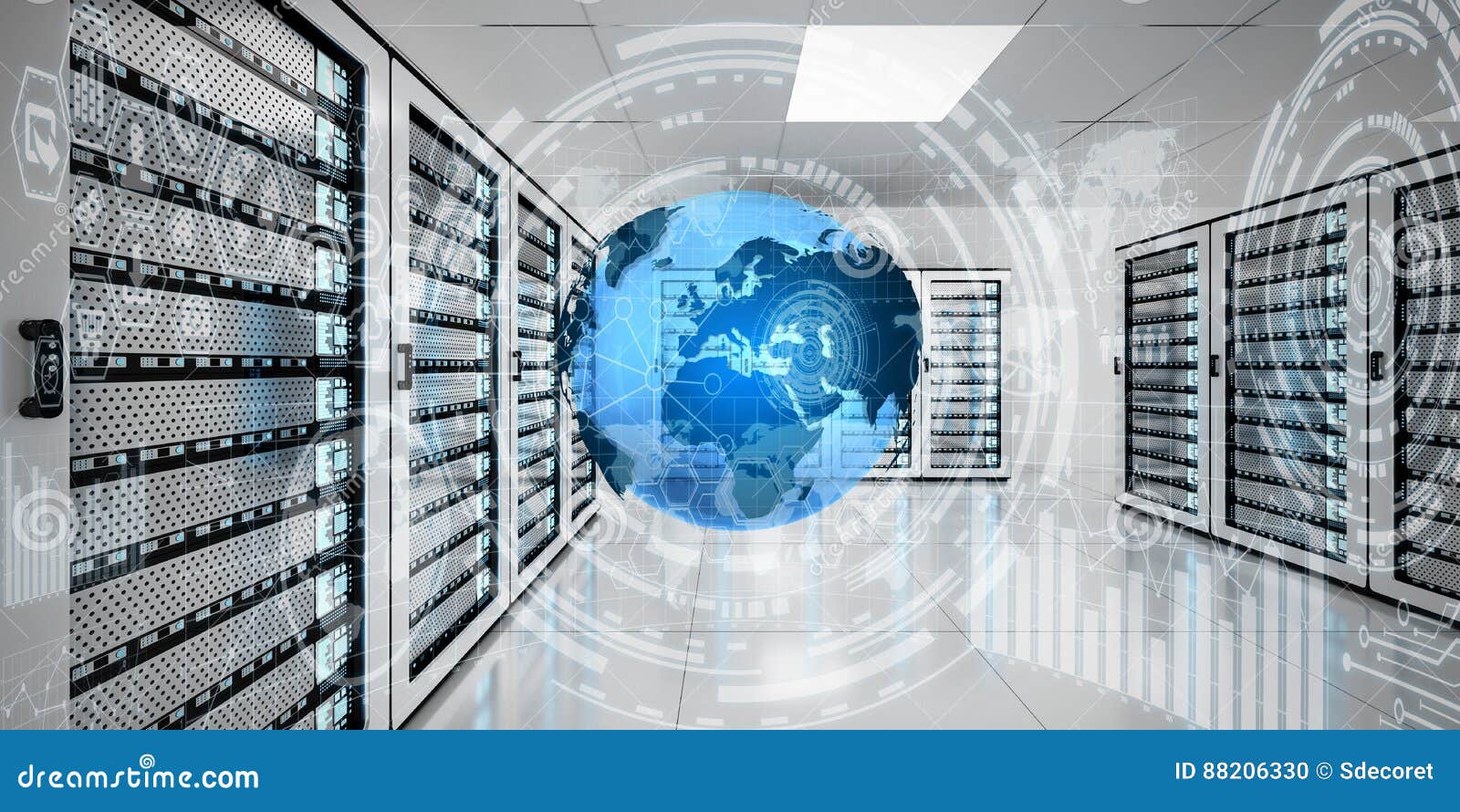 Earth Network Flying Over Server Room Data Center 3D Rendering Stock ...