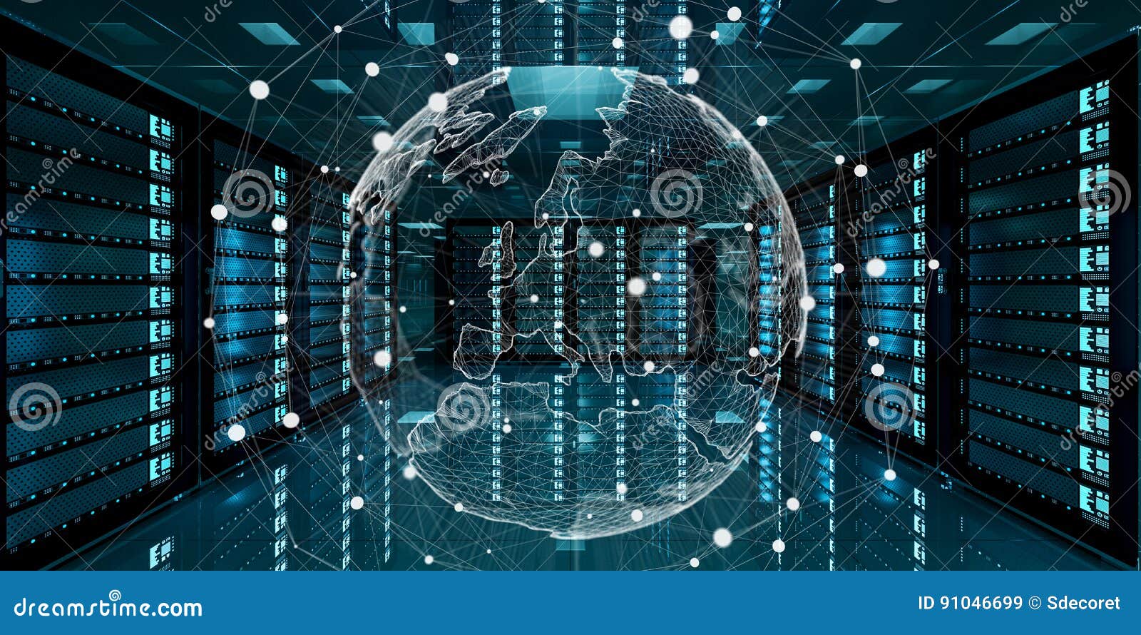 Earth Network Flying Over Server Room Data Center 3D Rendering Stock ...