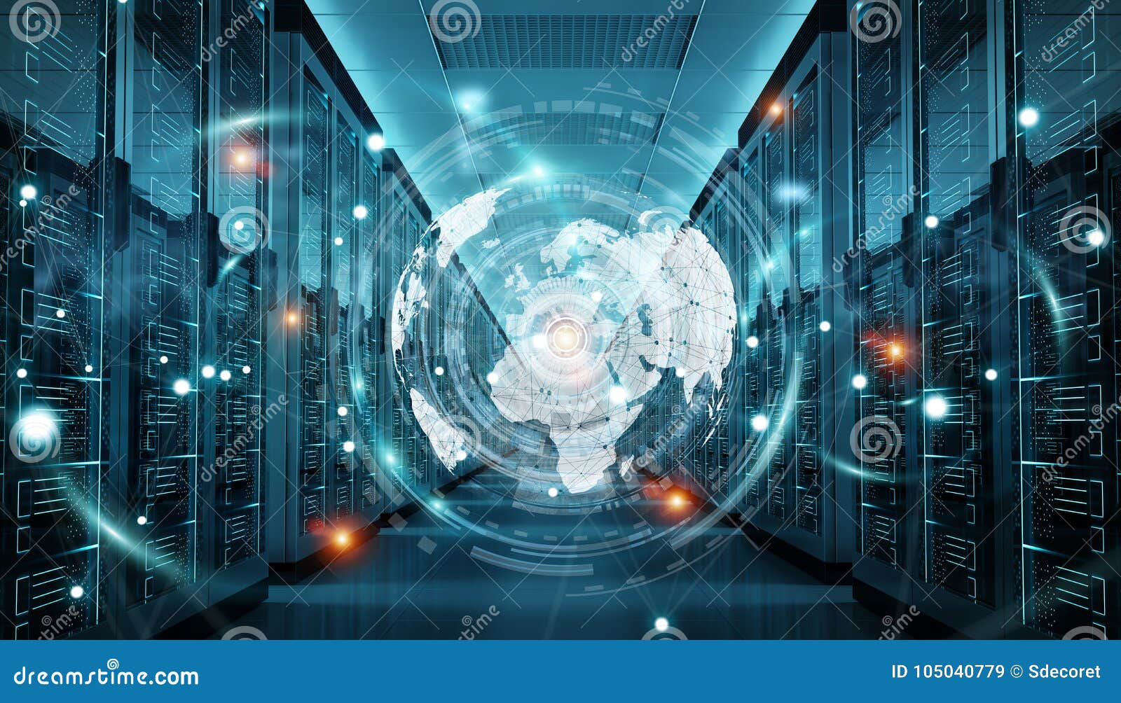 Earth Network Flying Over Server Room Data Center 3D Rendering Stock ...