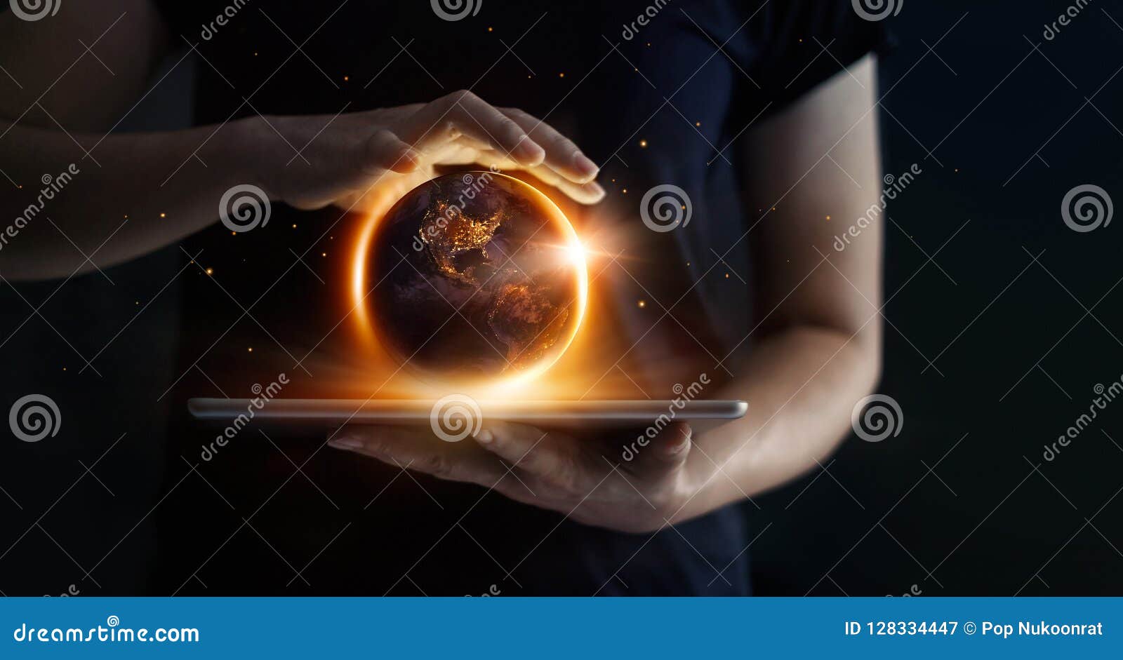 Earth at Night Was Holding in Human Hands and Technology. Stock Image ...