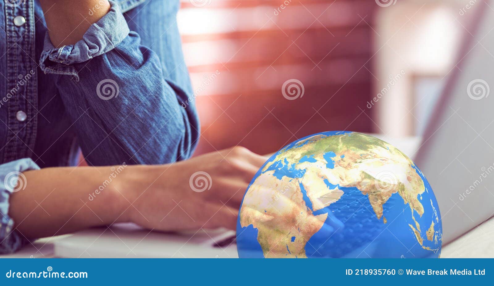 Earth Over Woman Working at a Computer in the Background, Global ...