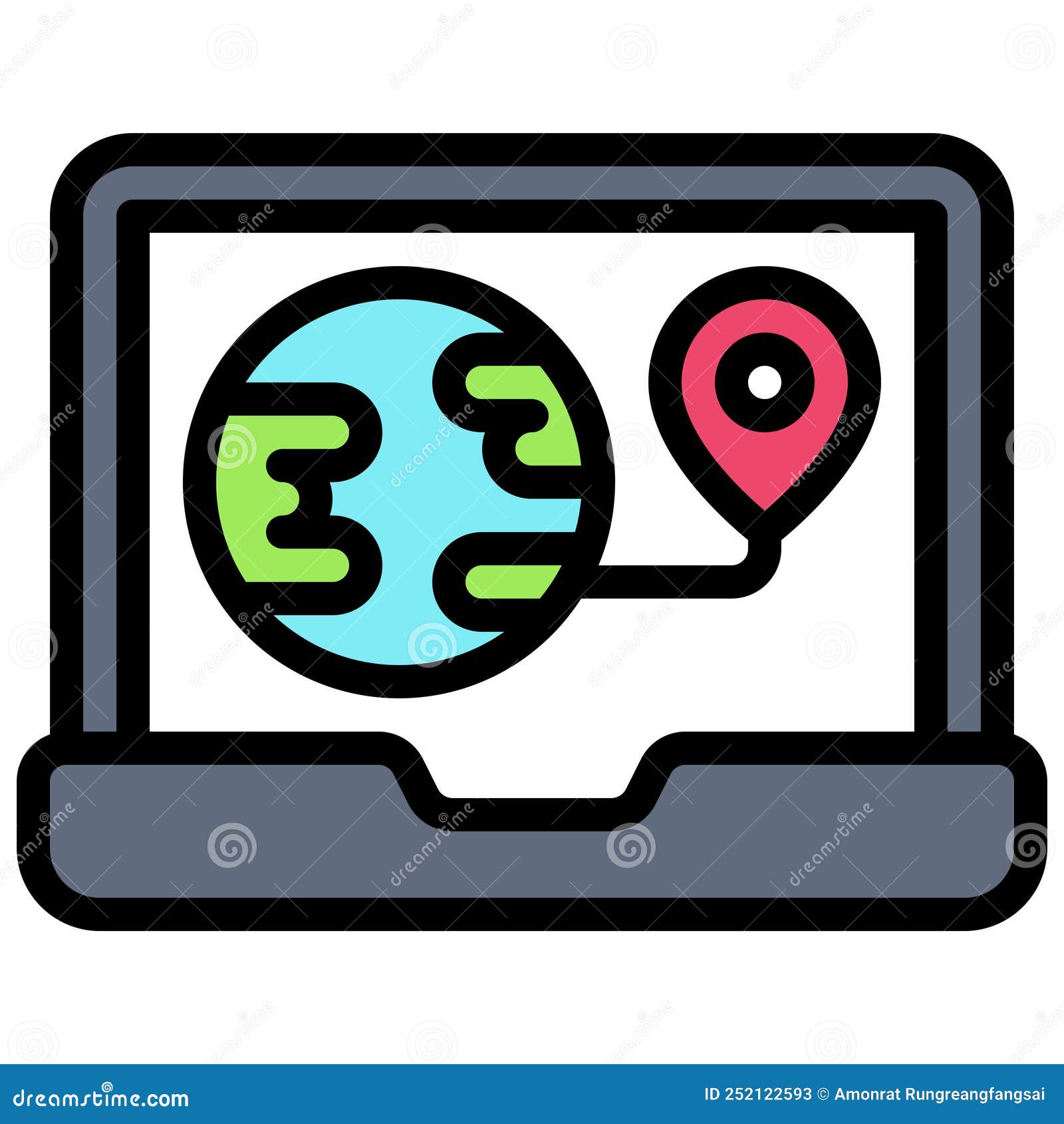 Earth and Pin on Laptop Screen Icon, Location Map and Navigation Vector ...