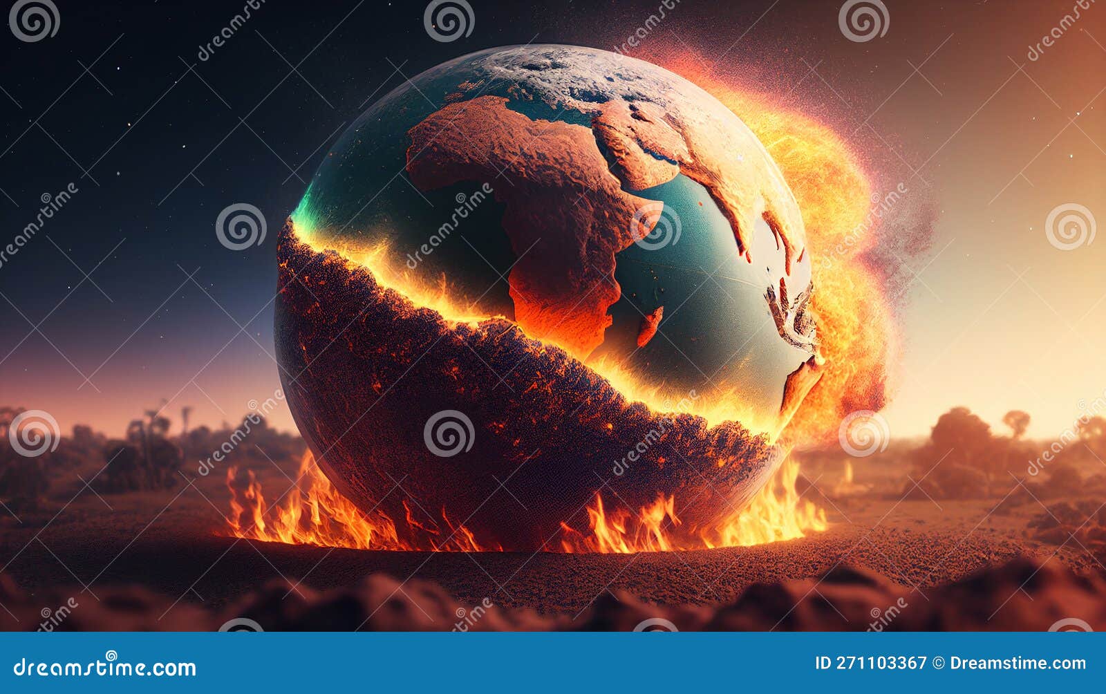 Earth Planet with Forest Fires and Flames ..Generative Ai Stock ...