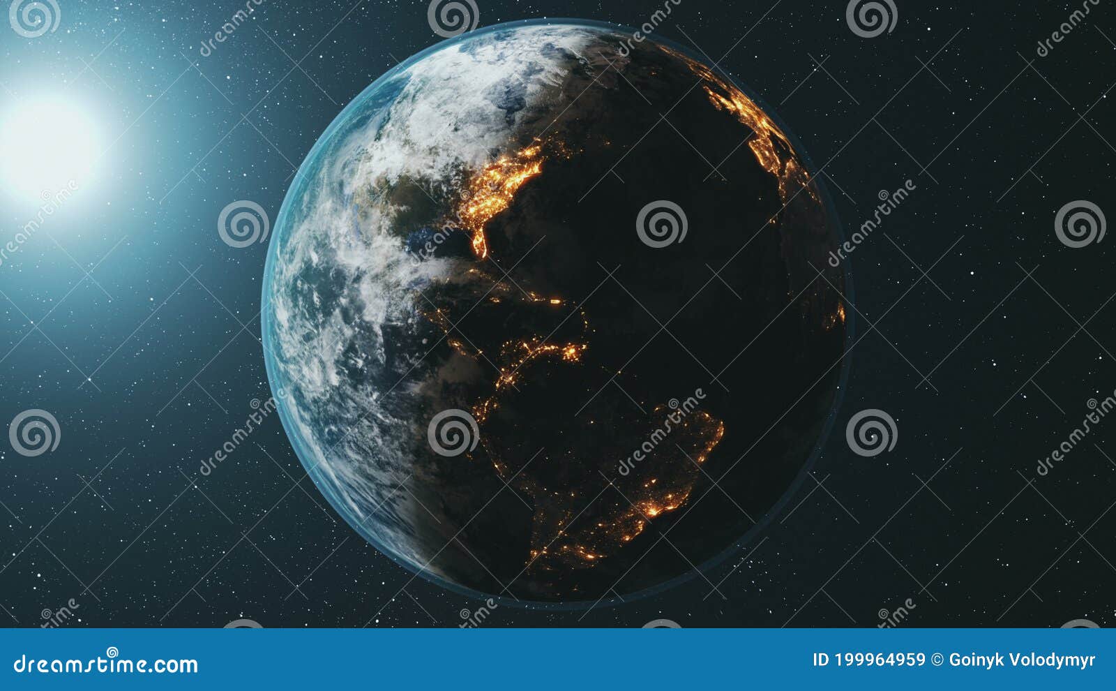 Earth Planet Orbit Rotate at Bright Sun in Dark Outer Space. Realistic ...