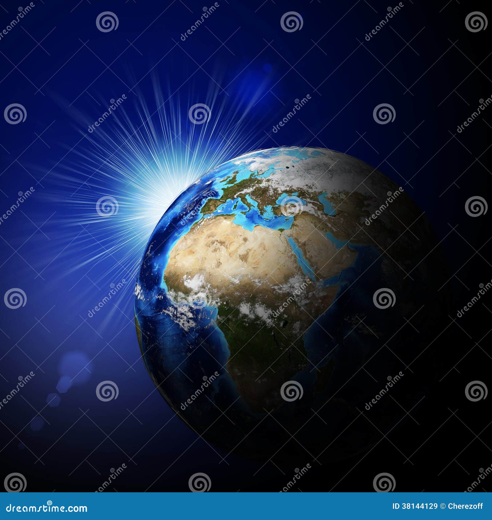 Earth planet in sun rays stock illustration. Illustration of geography ...