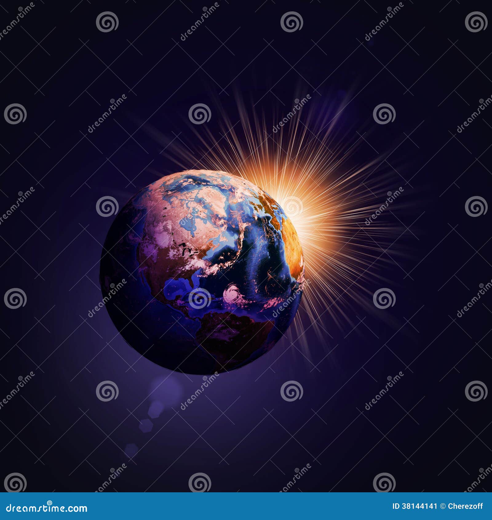 Earth planet in sun rays stock illustration. Illustration of night ...