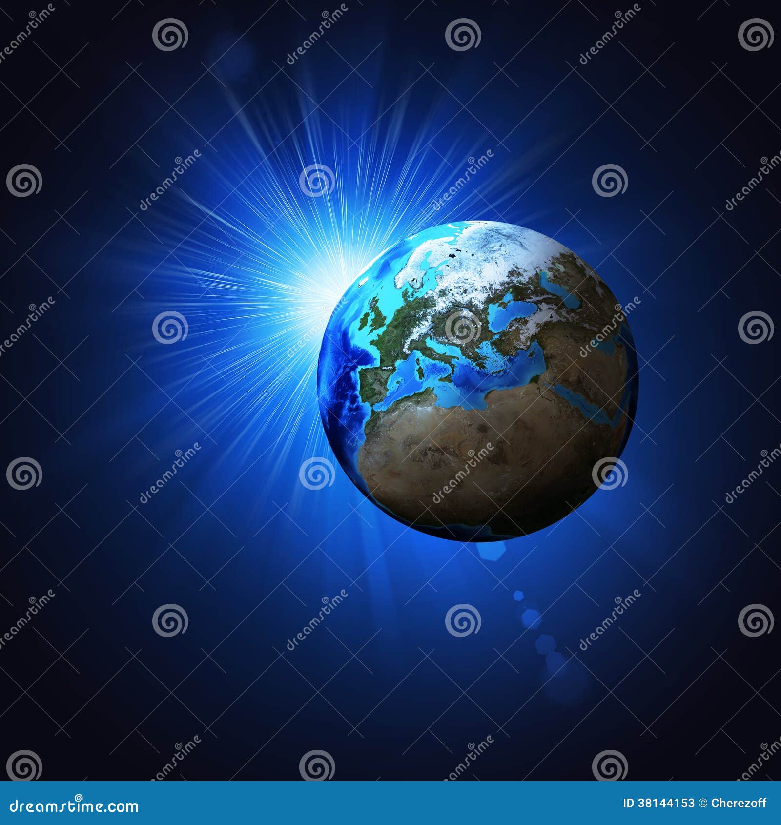 Earth planet in sun rays stock illustration. Illustration of aerial ...