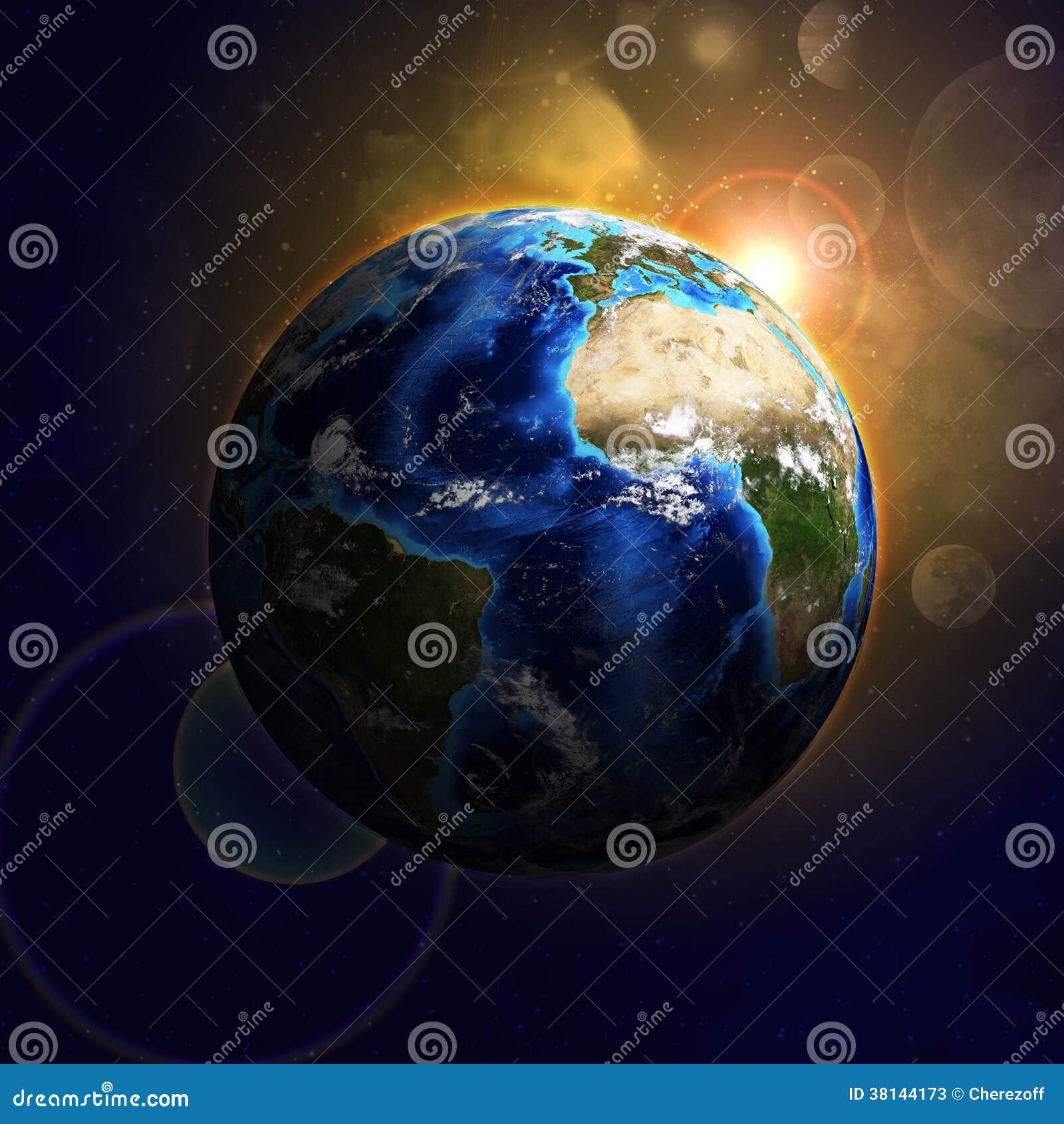 Earth planet in sun rays stock illustration. Illustration of blue ...