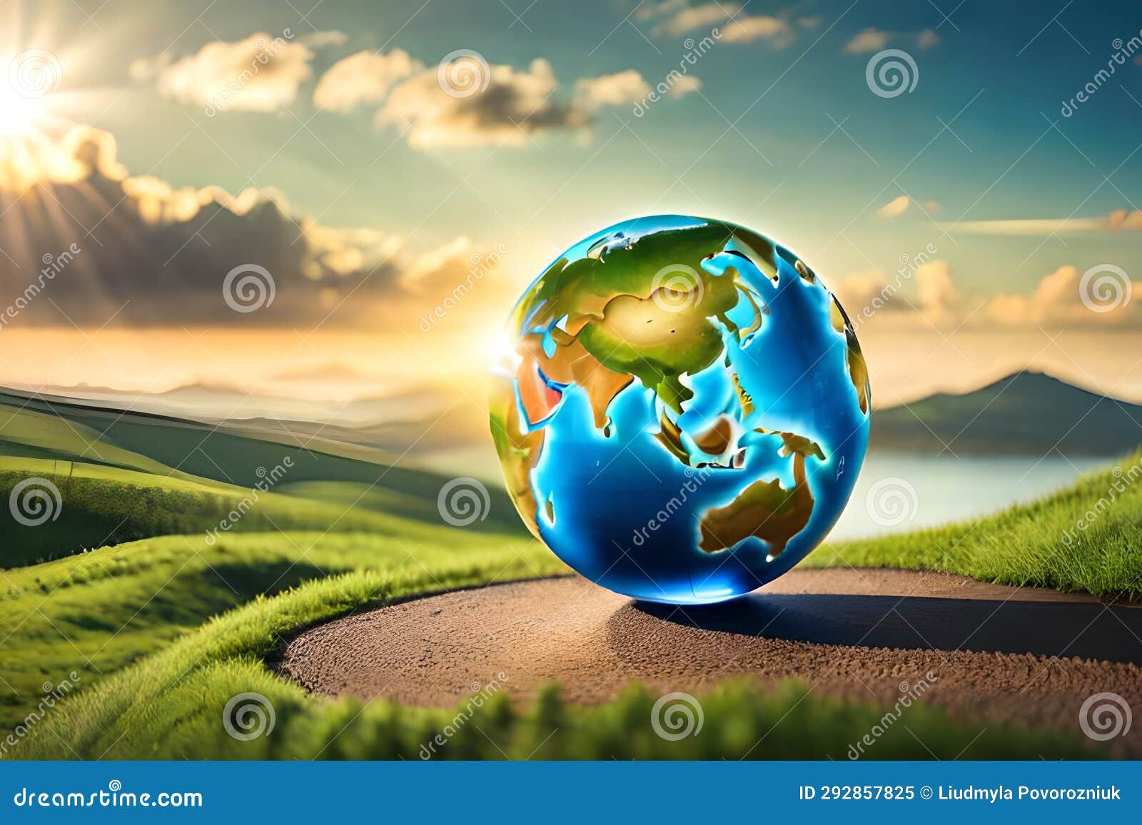 Earth on Reflective Blue Surface. 3D Illustration Stock Illustration ...