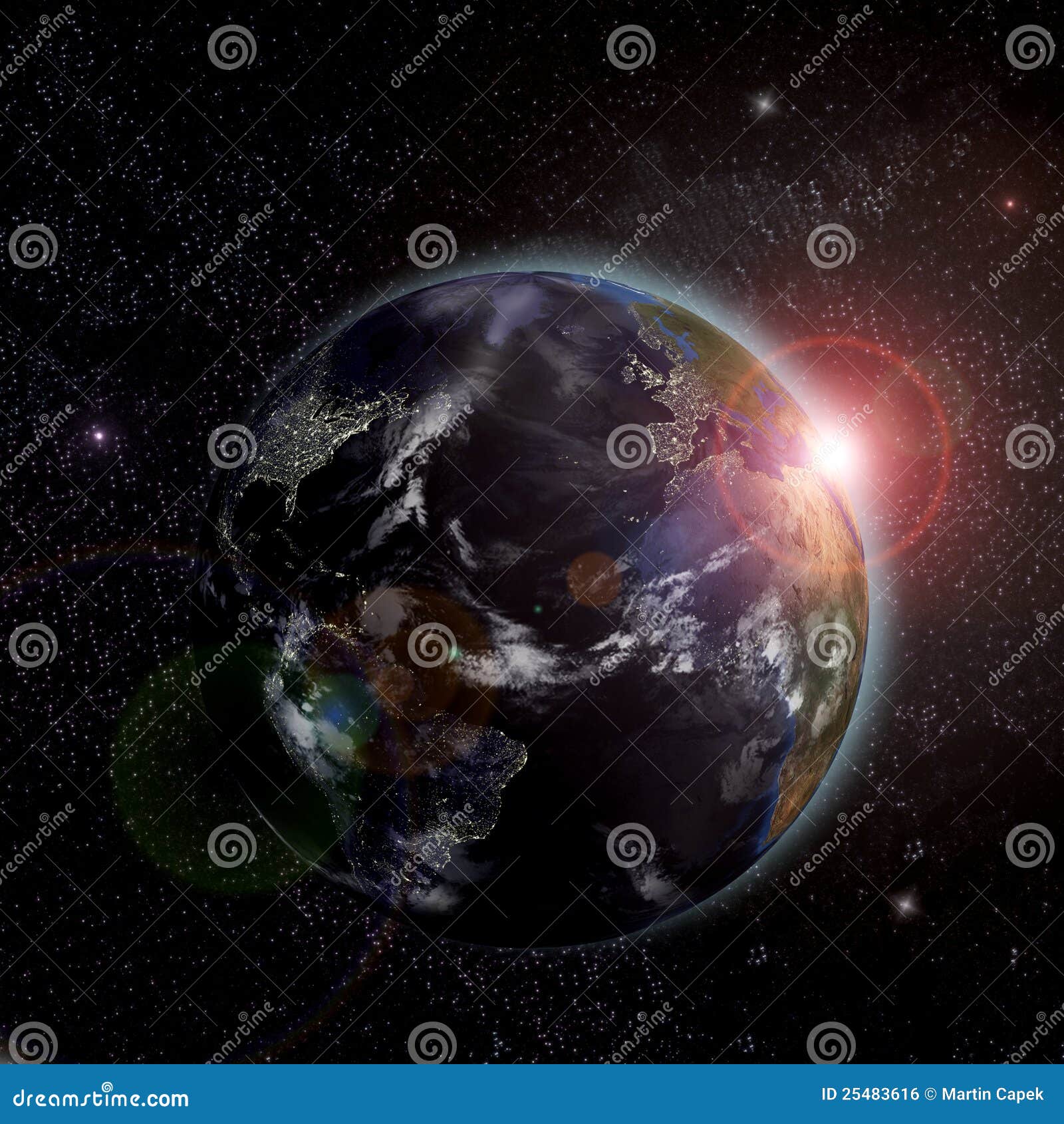 Earth with the rising sun stock illustration. Illustration of orbit ...