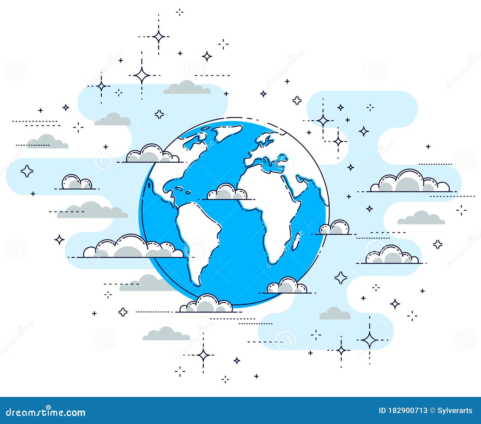 Earth in the Sky Surrounded by Clouds Beautiful Thin Line Illustration ...
