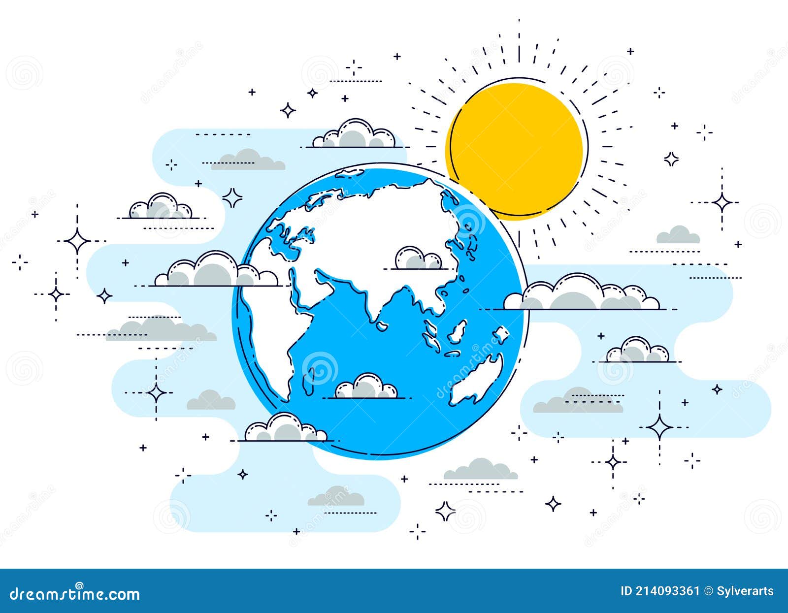 Earth in the Sky Surrounded by Clouds Beautiful Thin Line Illustration ...