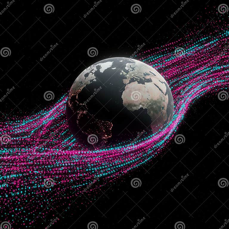 Earth Surrounded by Flowing Streams of Digital Binary Code, Represented ...