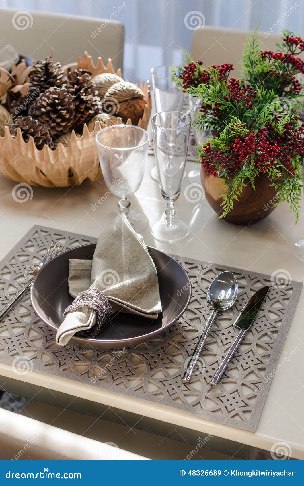 Earth Tone Table Set in Dinning Room Stock Image - Image of empty ...