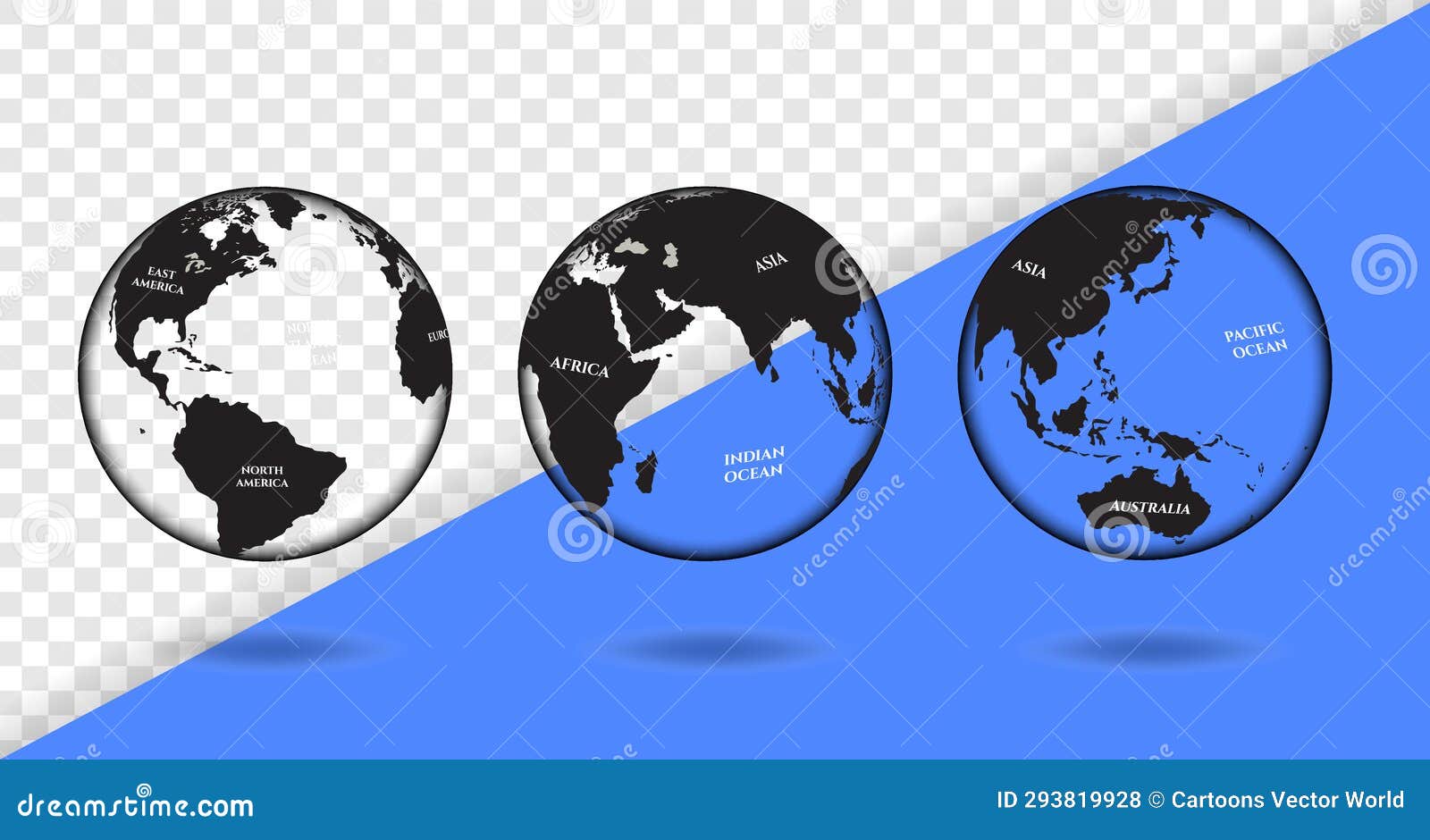 Earth Map Set of Transparent Globe, Realistic Texture and Shadow Vector ...