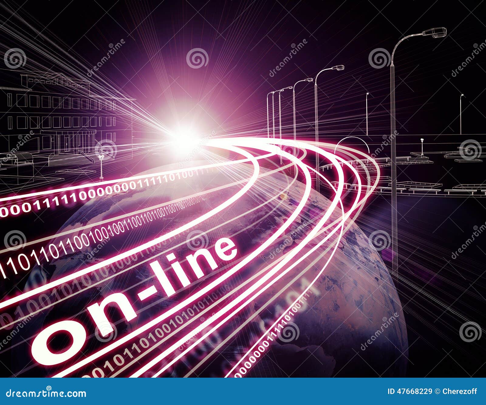 Earth, Wire-frame Building, Light Beams, Digits Stock Image - Image of ...