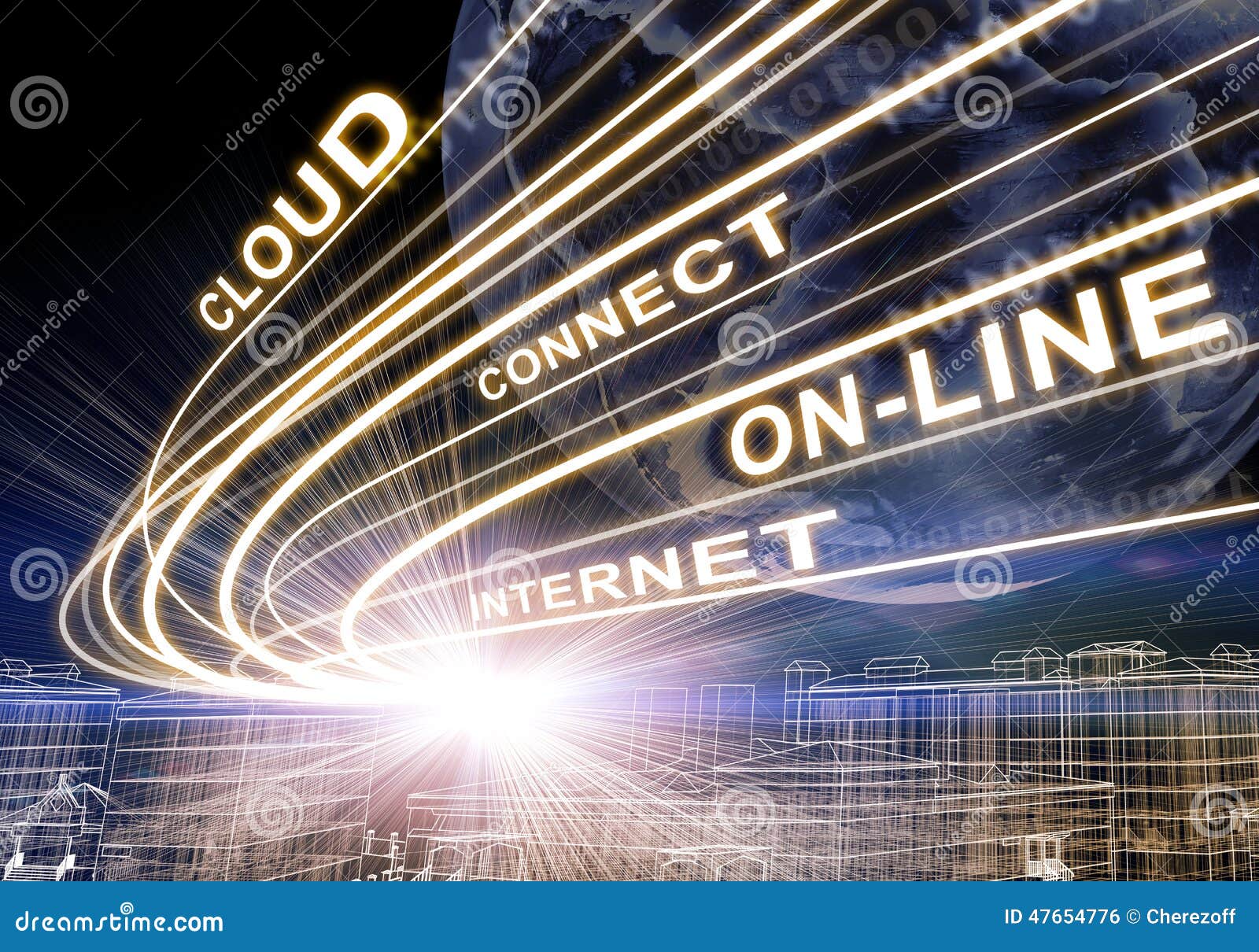 Earth, Wire-frame Buildings, Light Beams, Digits Stock Photo - Image of ...