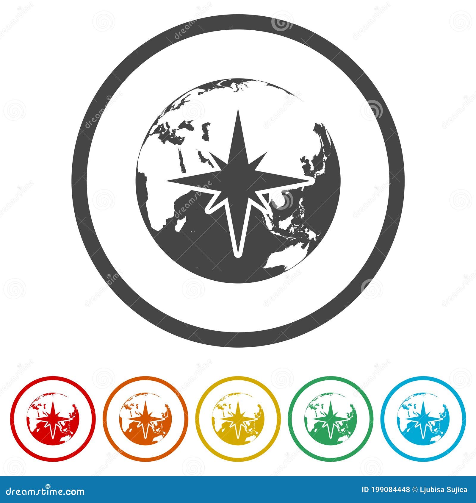 Earth World Map Compass Ring Icon, Color Set Stock Vector ...