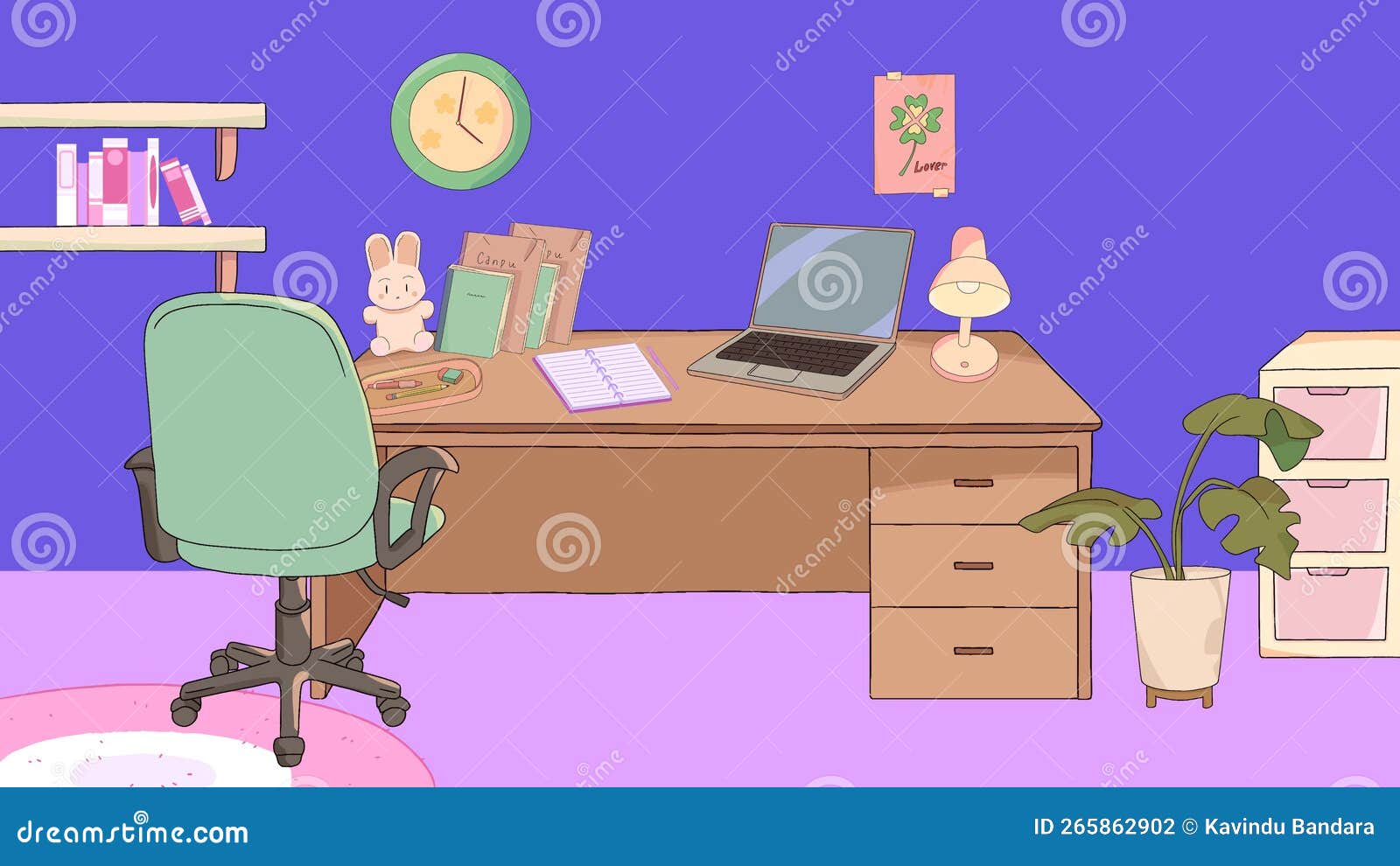 Earthtone Cute Illustration Study Room Zoom Virtual Background Stock ...