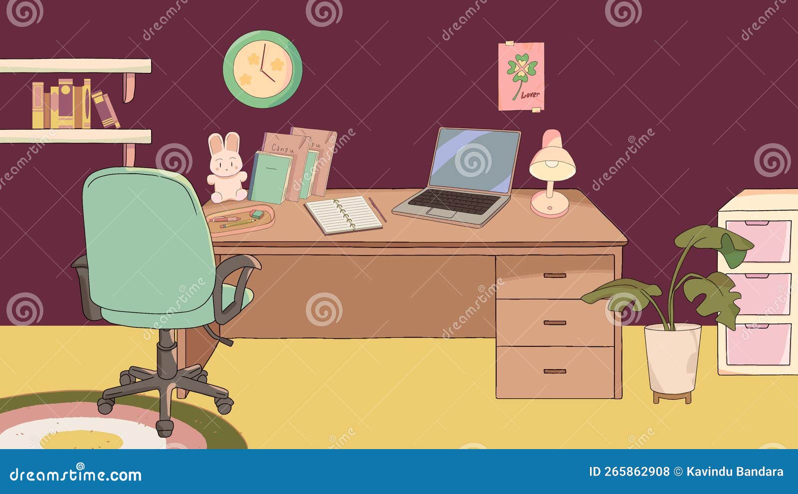 Earthtone Cute Illustration Study Room Zoom Virtual Background Stock ...