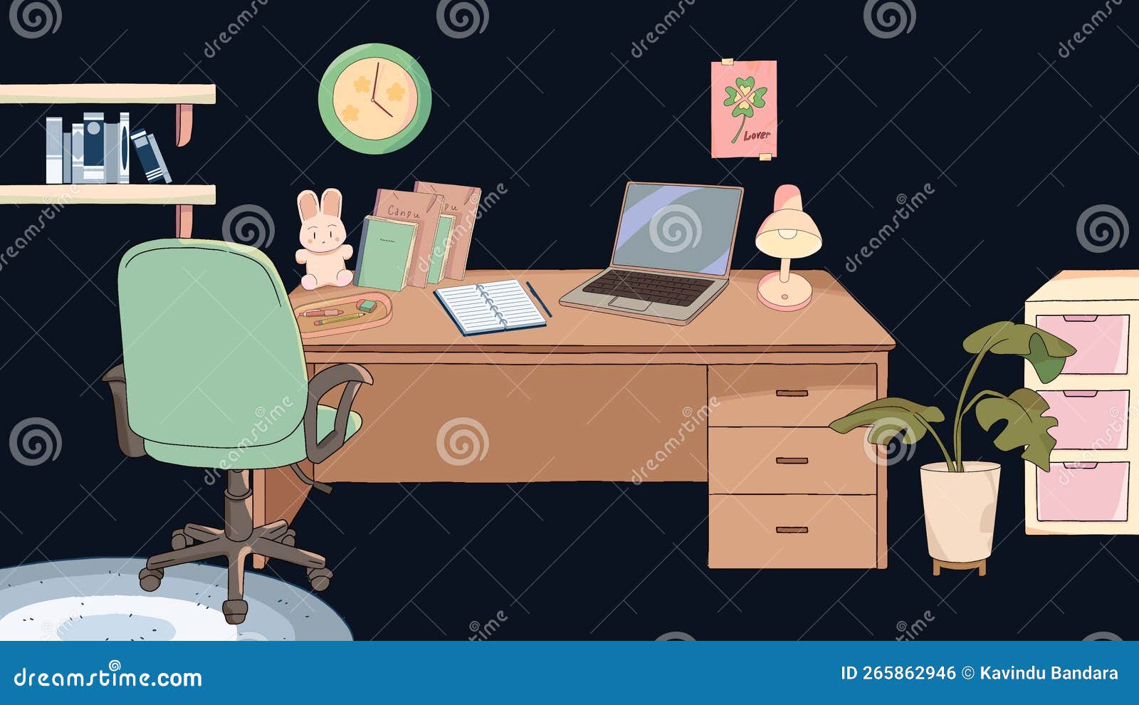 Earthtone Cute Illustration Study Room Zoom Virtual Background Stock ...