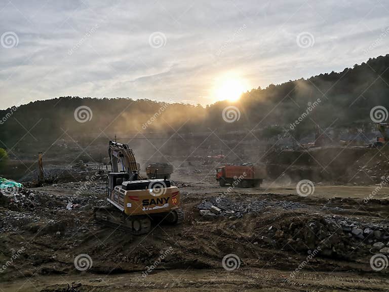 Earthwork Construction Site at Sunset Light Editorial Photo - Image of ...
