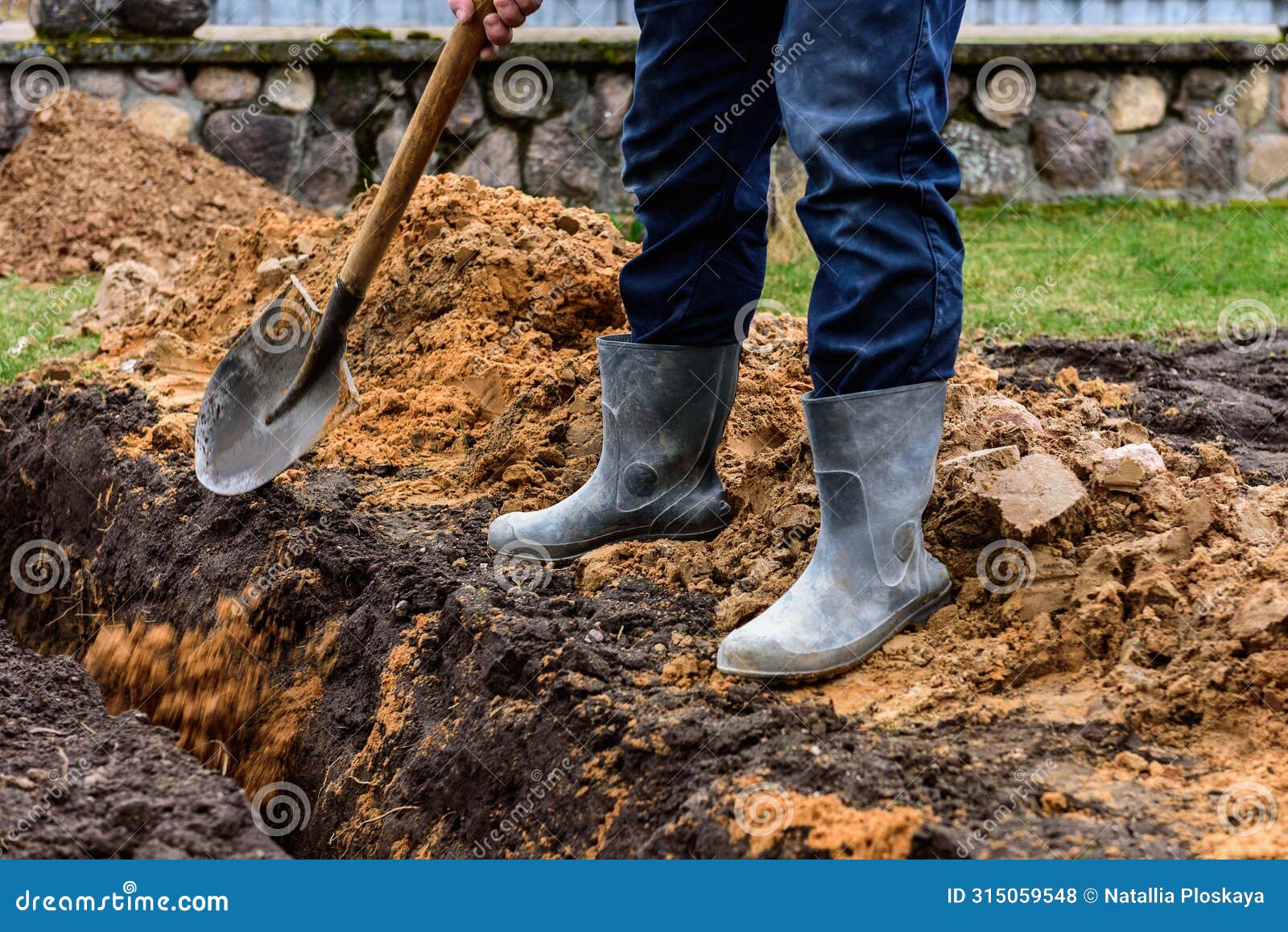 Earthworks, Man Digging Trench Using Shovel. Stock Photo - Image of ...