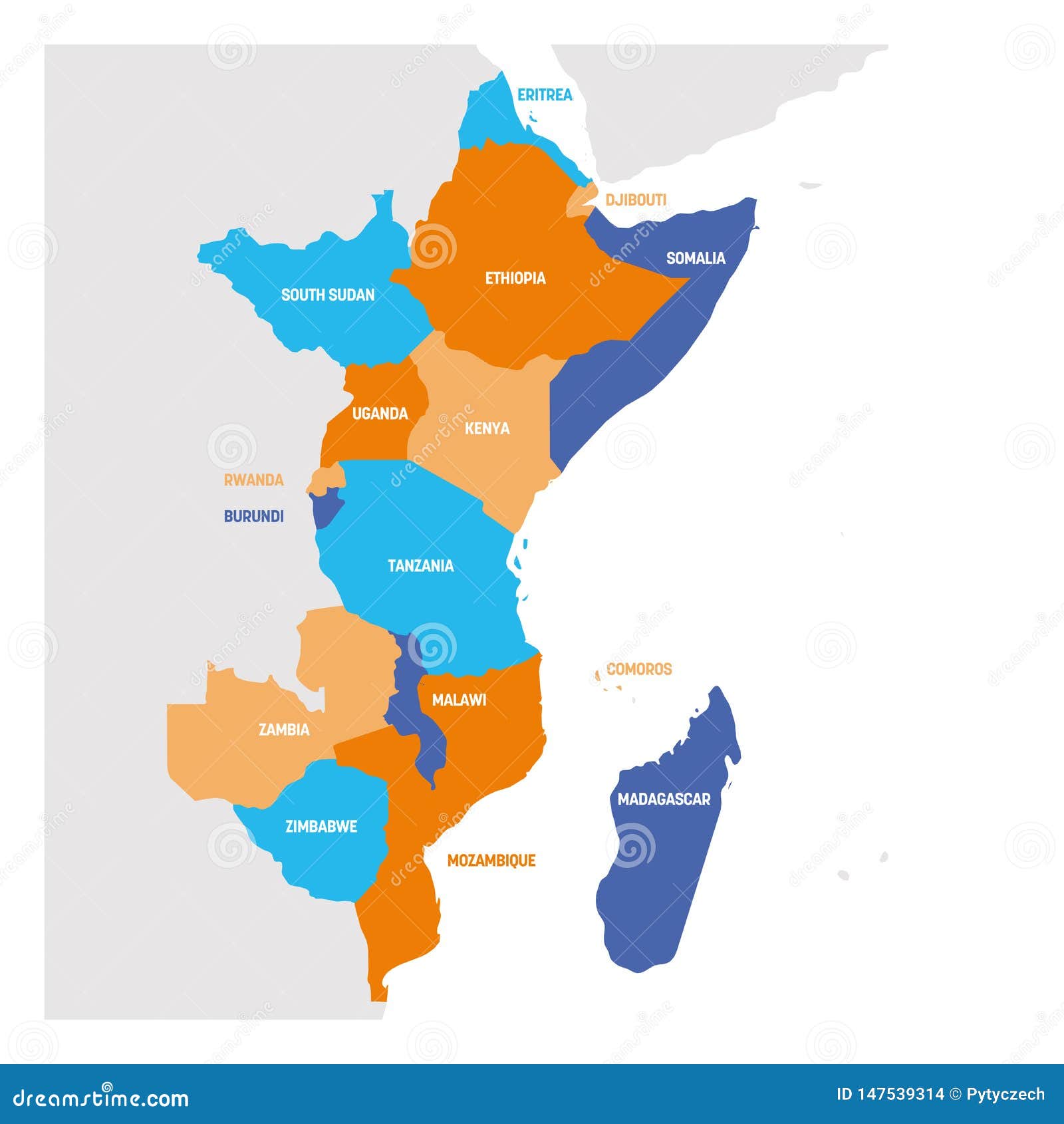 East Africa Region. Map Of Countries In Eastern Africa. Vector ...