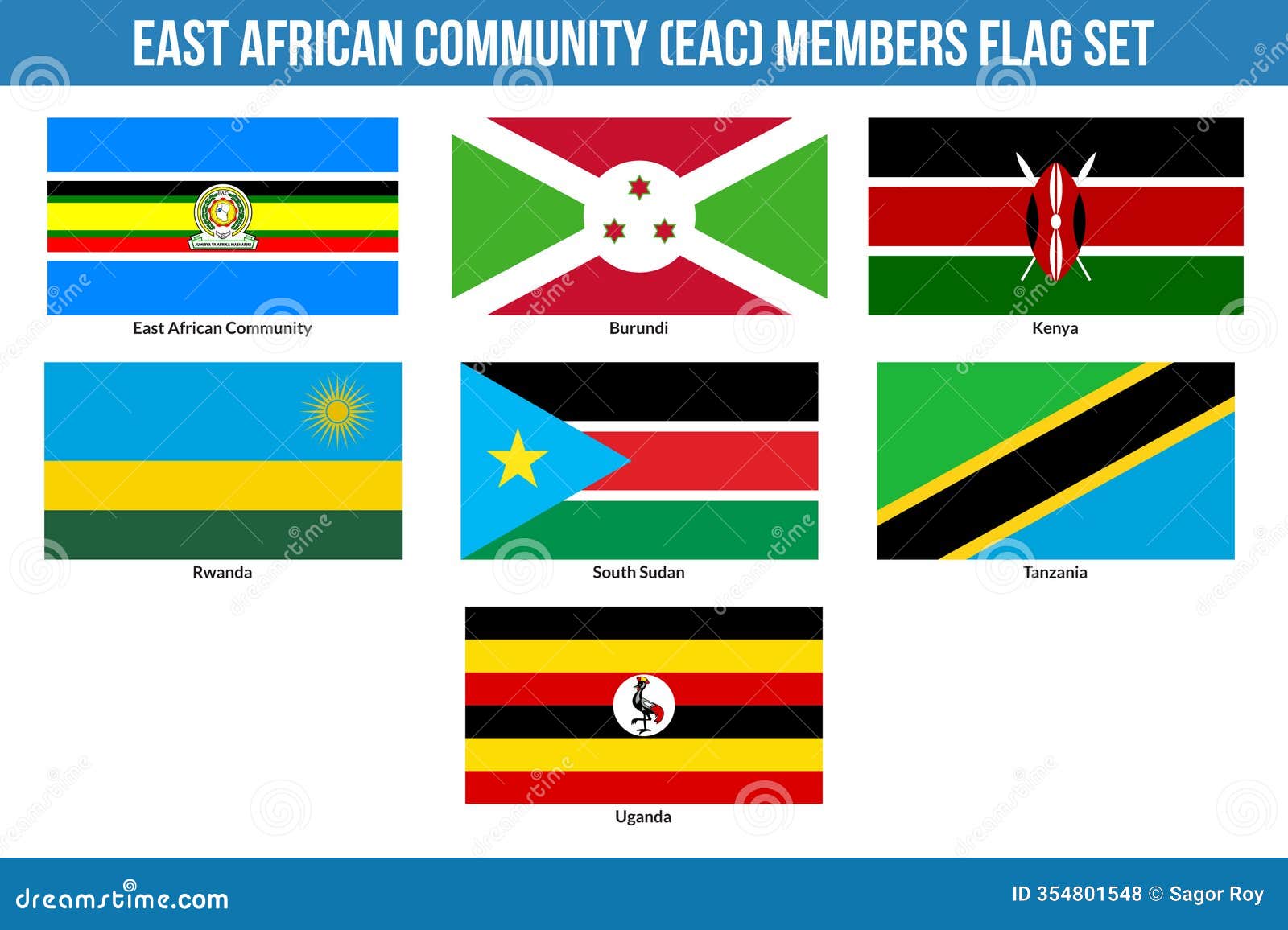 East African Community, EAC Members Flag Set Vector Illustration Stock ...