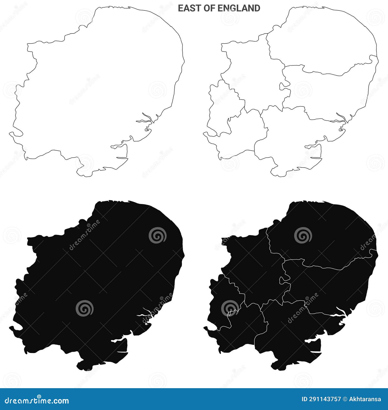 East Anglia Map, East of England Administrative Map Set - Blank Outline ...