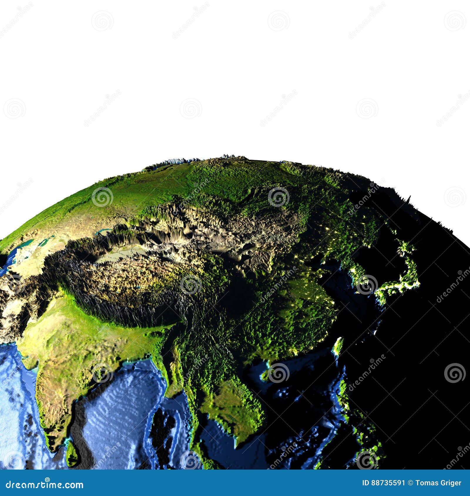 East Asia on Earth with Exaggerated Mountains Stock Illustration ...