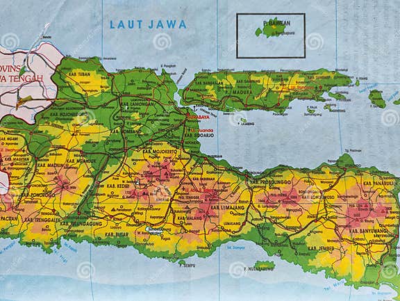 East Java Island Map and Major Cities Around it on Physical Map Stock ...