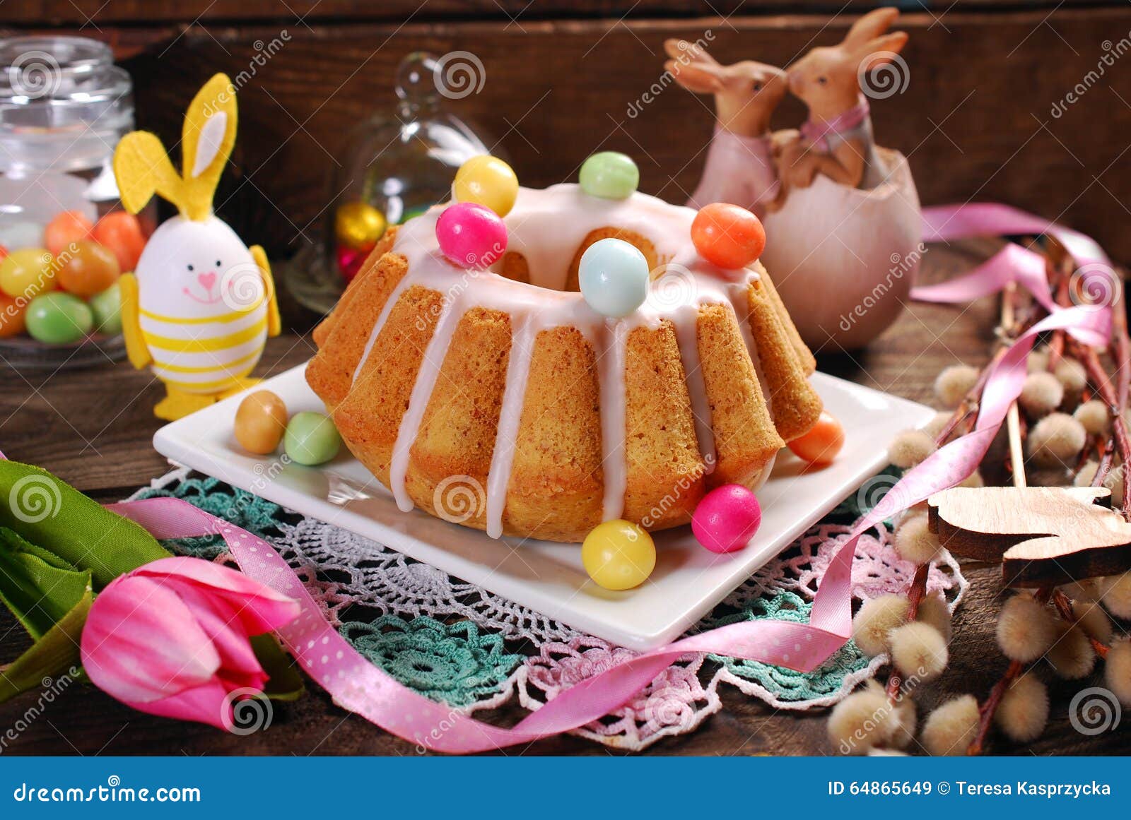 Easter Almond Ring Cake on Wooden Table Stock Image - Image of easter ...