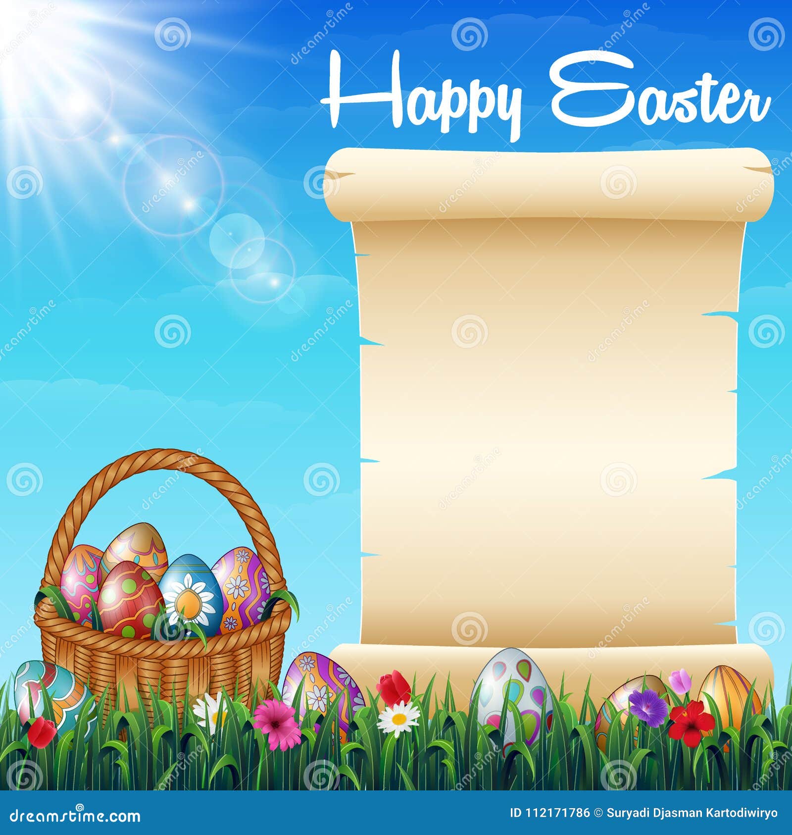 Easter Background with Decorated Easter Eggs on the Basket and Empty ...