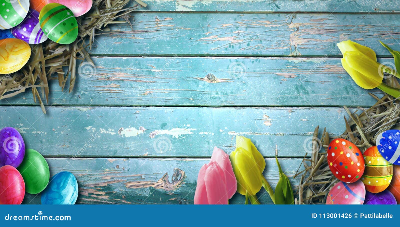 Easter Background with Easter Eggs on Wooden Board Stock Photo - Image ...