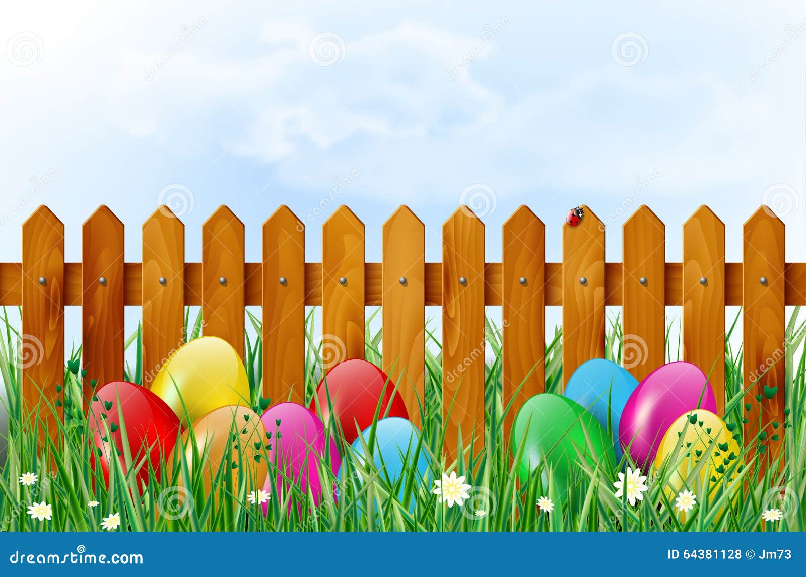 Easter Background with Easter Eggs in Grass and Wooden Fence Stock ...