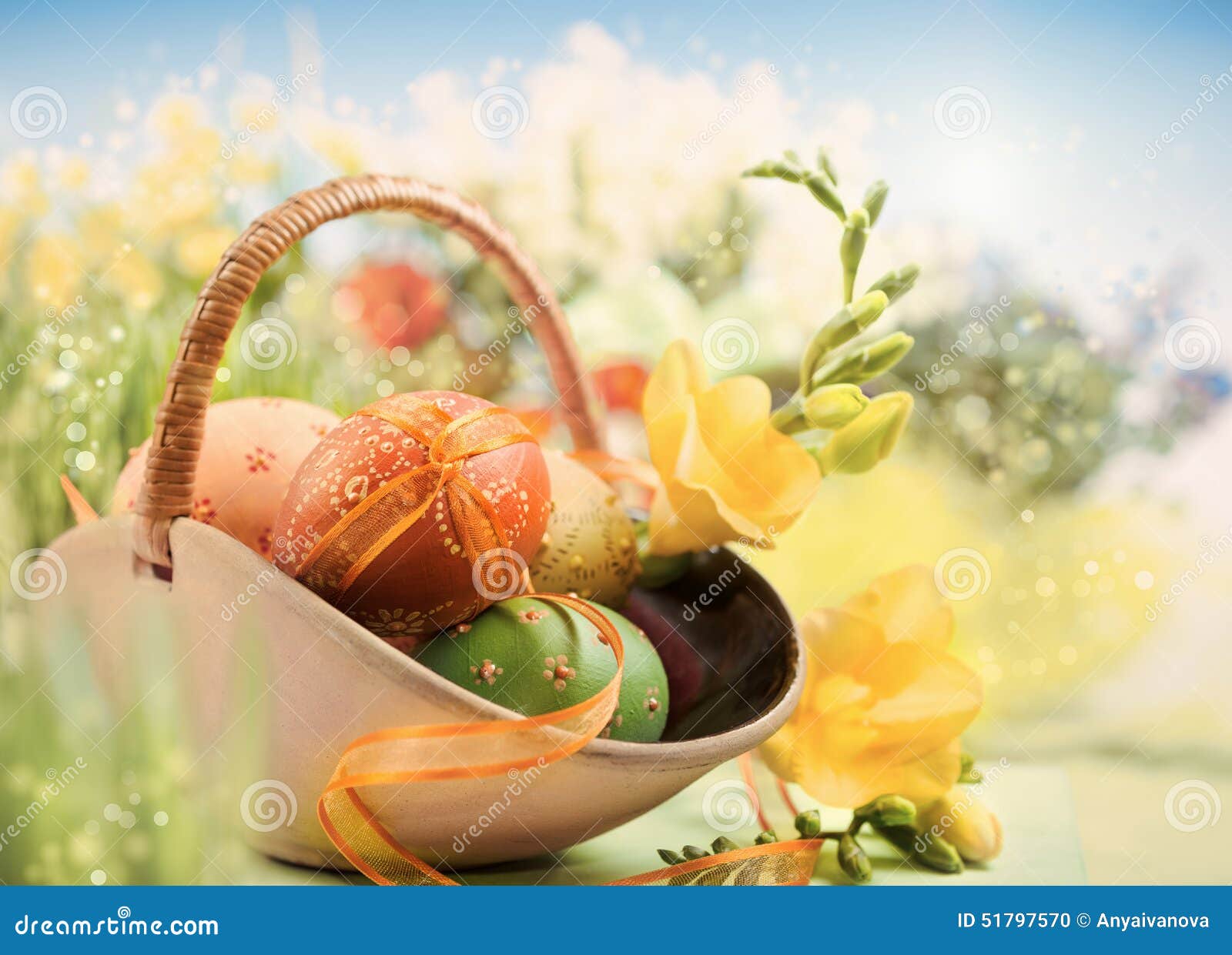 Easter Background with Egg and Spring Flowers on Abstract Spring Stock ...