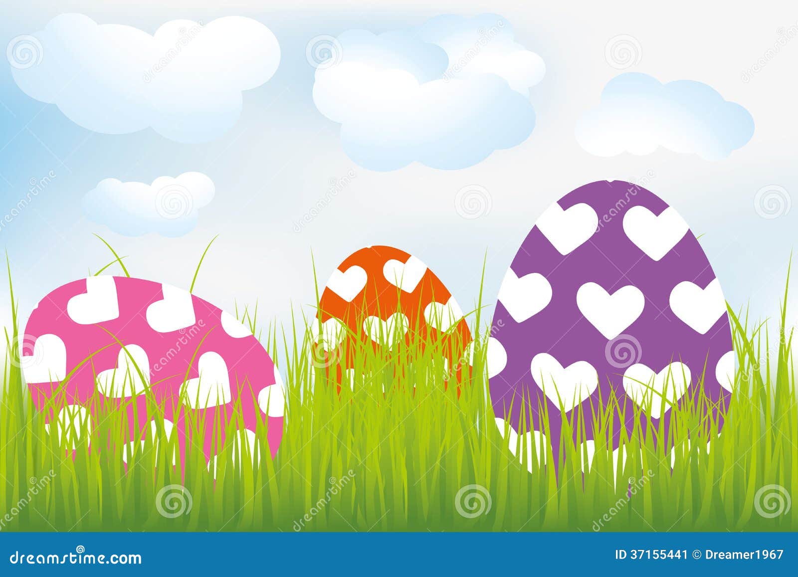 Easter Background with Heart-decorated Eggs in Meadow Stock Vector ...